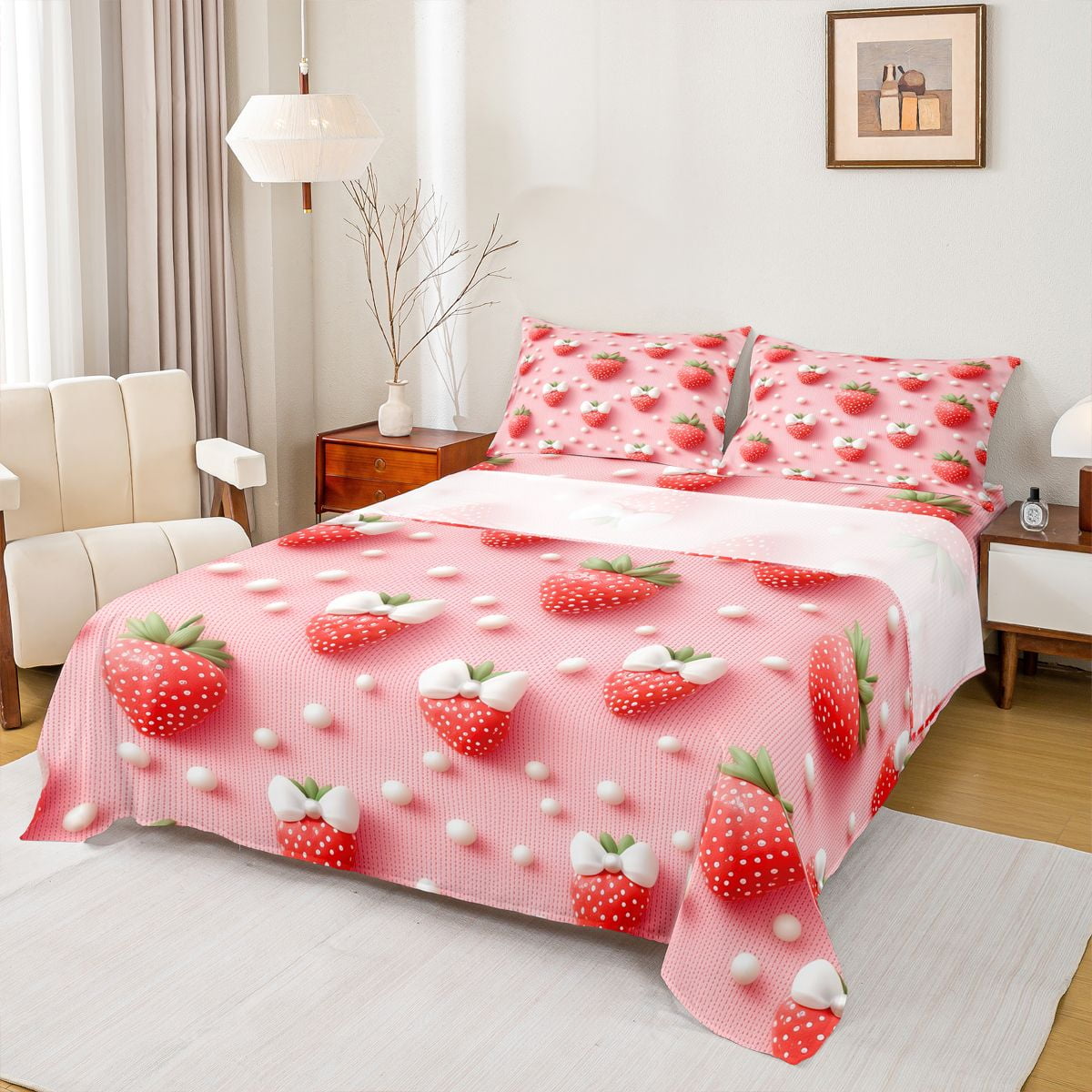Castle Fairy Red Strawberry Twin Sheet Sets for Teens,Kawaii White ...