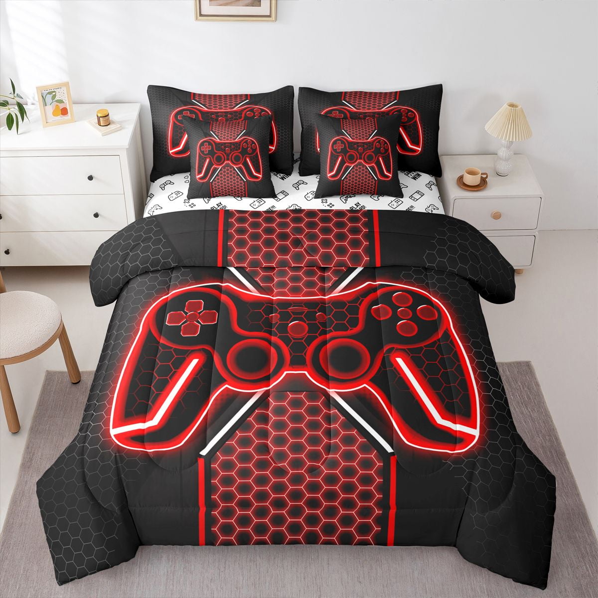 Castle Fairy Red Video Game Bedding Comforter Set,Hexagon Gamepads King ...