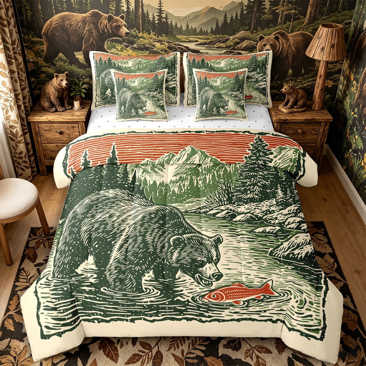 Castle Fairy Retro Print Fishing Bear 7-Piece Twin Bedding,Snow Pine ...