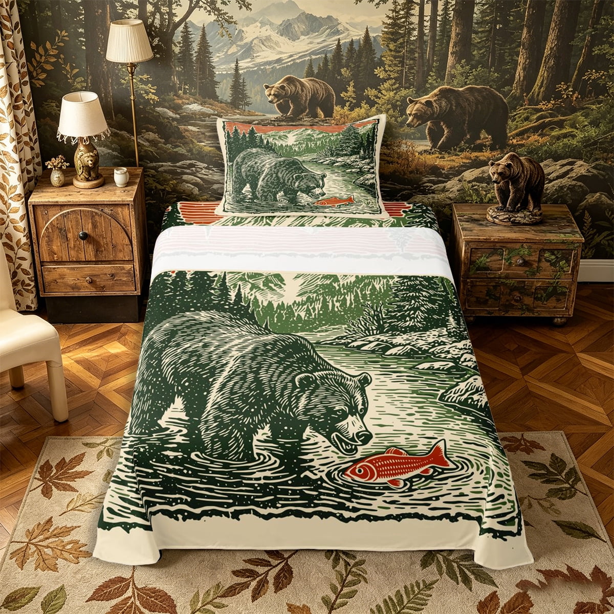Castle Fairy Retro Print Fishing Bear Twin Sheets 3pcs,Snow Pine ...