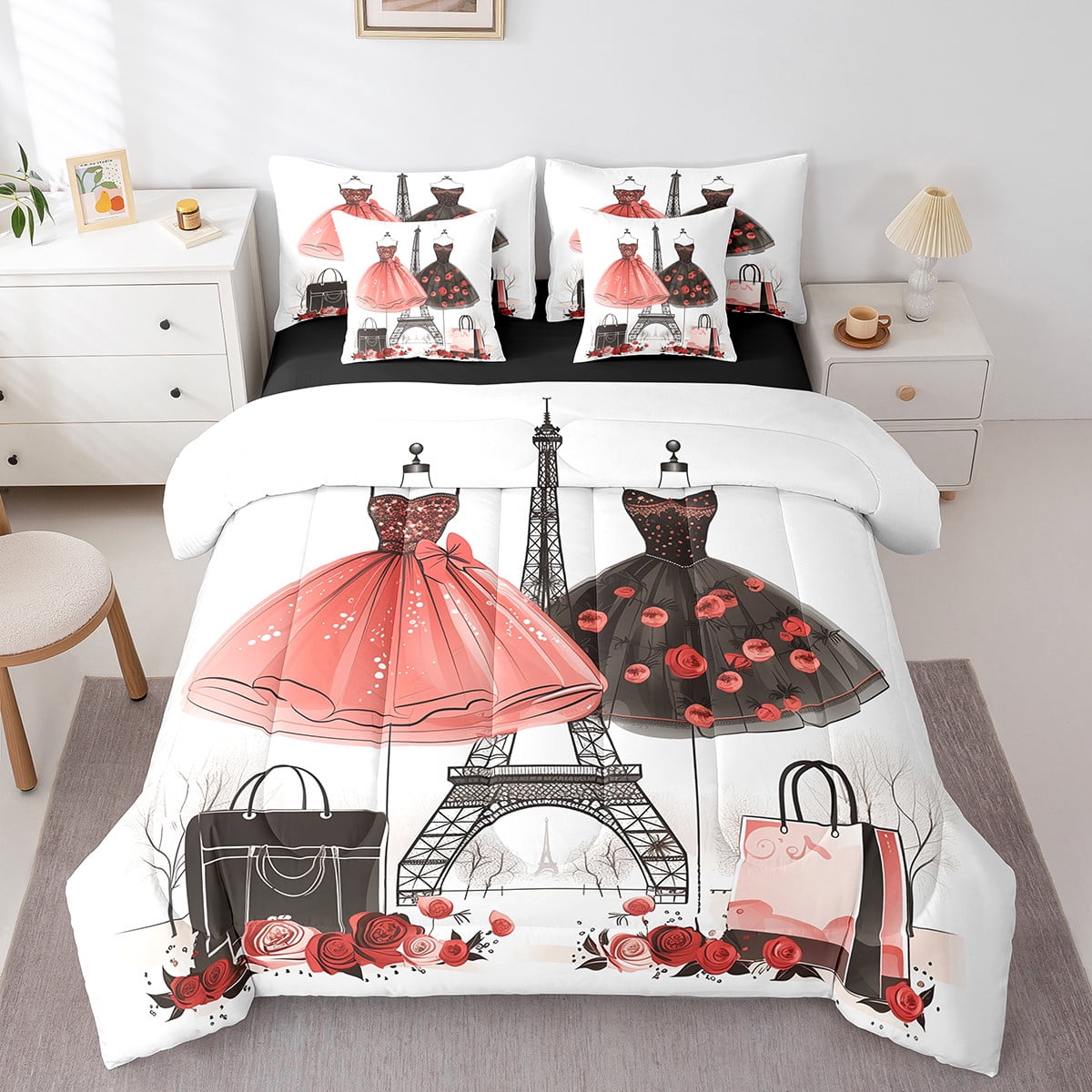 Castle Fairy Romantic Eiffel Tower Black Red Dress King Bedding ...