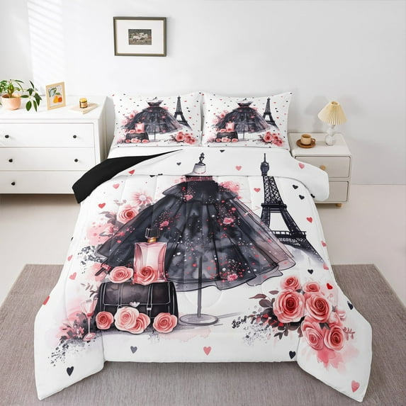 Castle Fairy Romantic Eiffel Tower Full Size Comforter Sets,Black Pink ...
