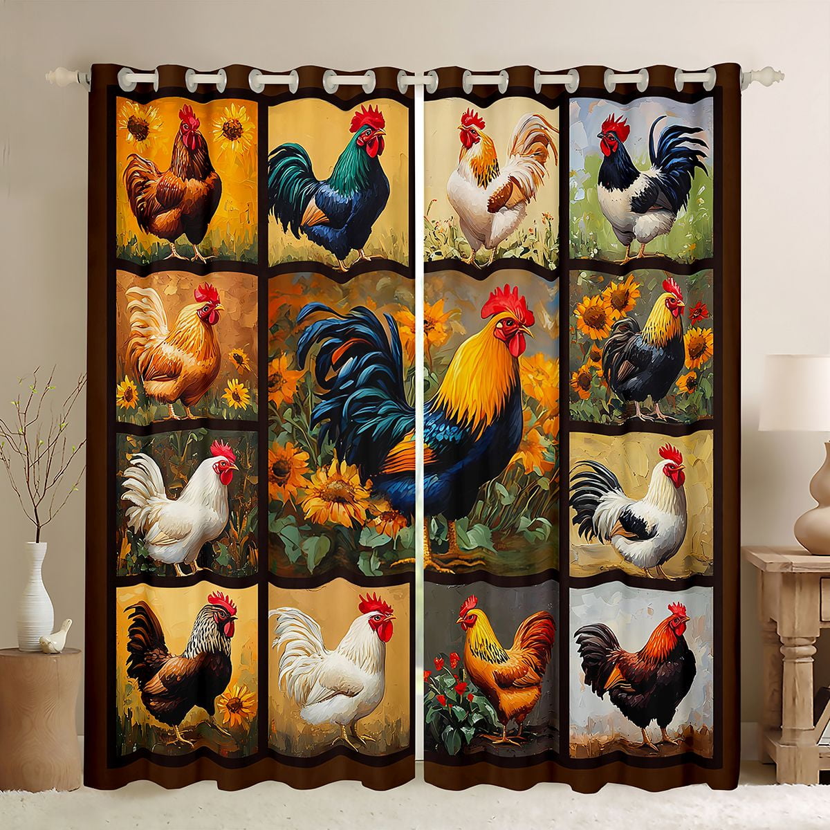 Castle Fairy Rooster Blackout Curtains Set of 2 (52x84 Each),Sunflowers ...