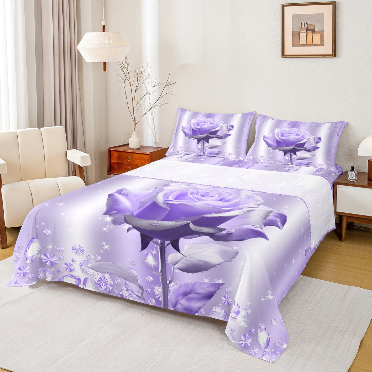 Castle Fairy Rose Crystal 4pcs Bed Sheets,Purple Sequin King Sheets ...