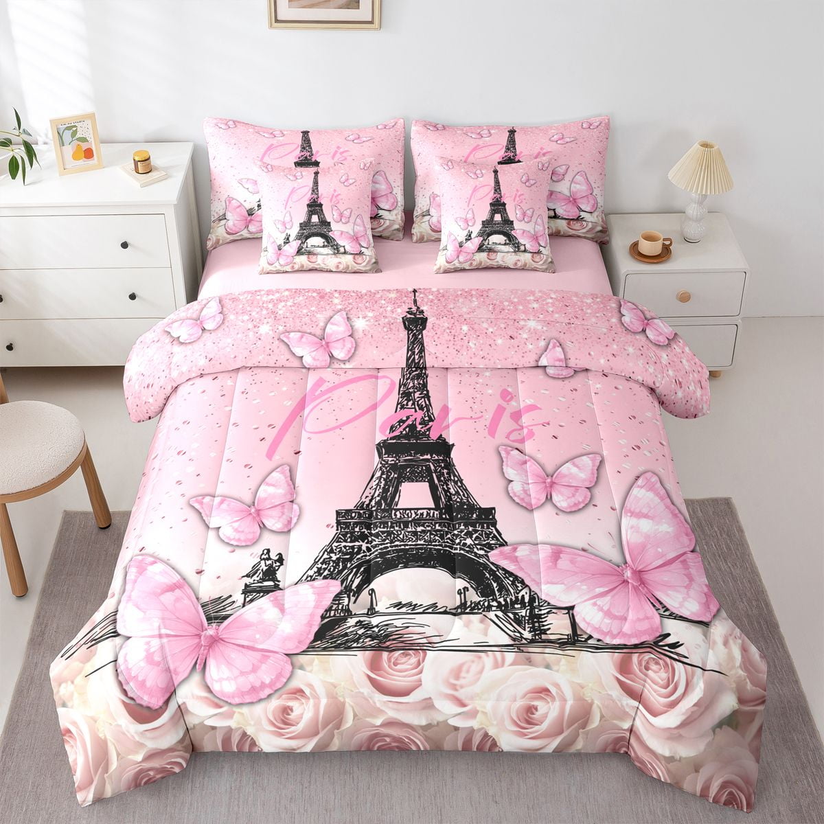 Castle Fairy Rose Eiffel Tower Bedding Comforter Set,Valentine's Day ...