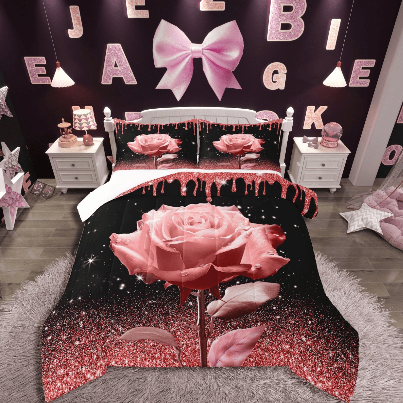 Castle Fairy Rose Glitter 3pcs King Size Comforter Sets,Pink Sequin ...