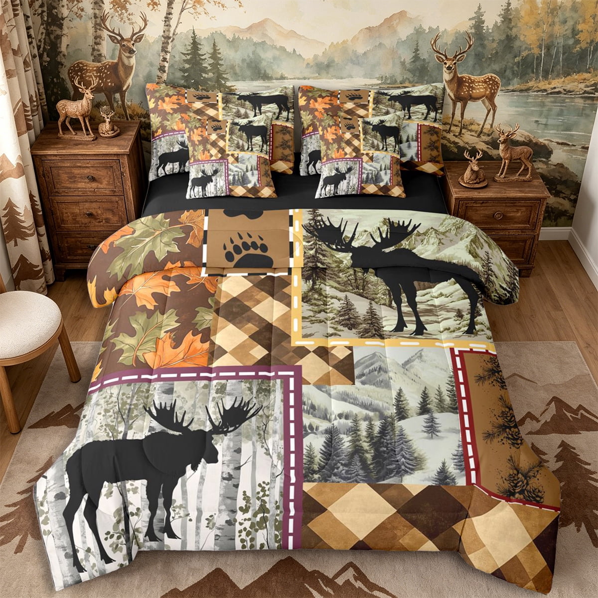 Castle Fairy Rustic Moose Queen Bedding 7pcs,Vintage Leaves Plaid ...