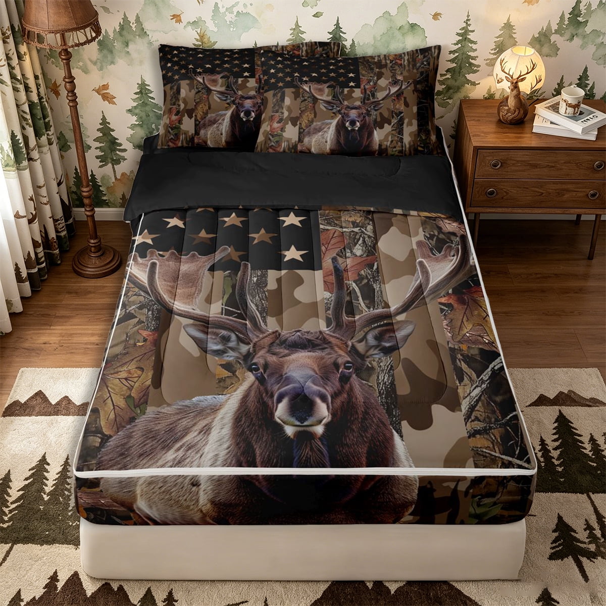 Castle Fairy Rustic USA Flag Moose Zipper Full Size Comforter Sets with ...
