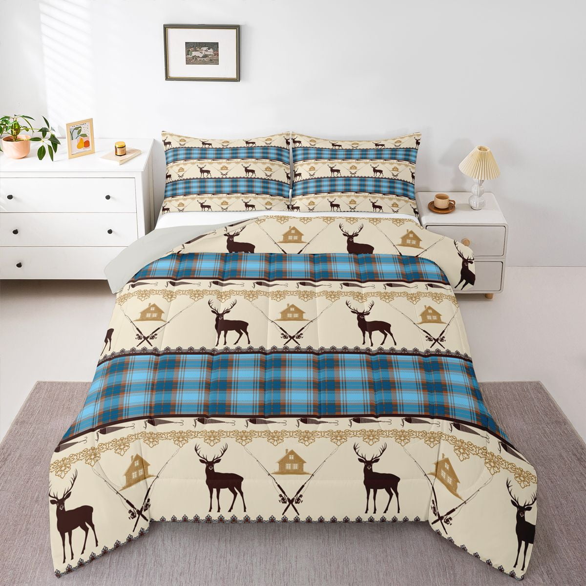 Castle Fairy Safari Deer Queen Comforter Set,Blue Plaid Bedding ...