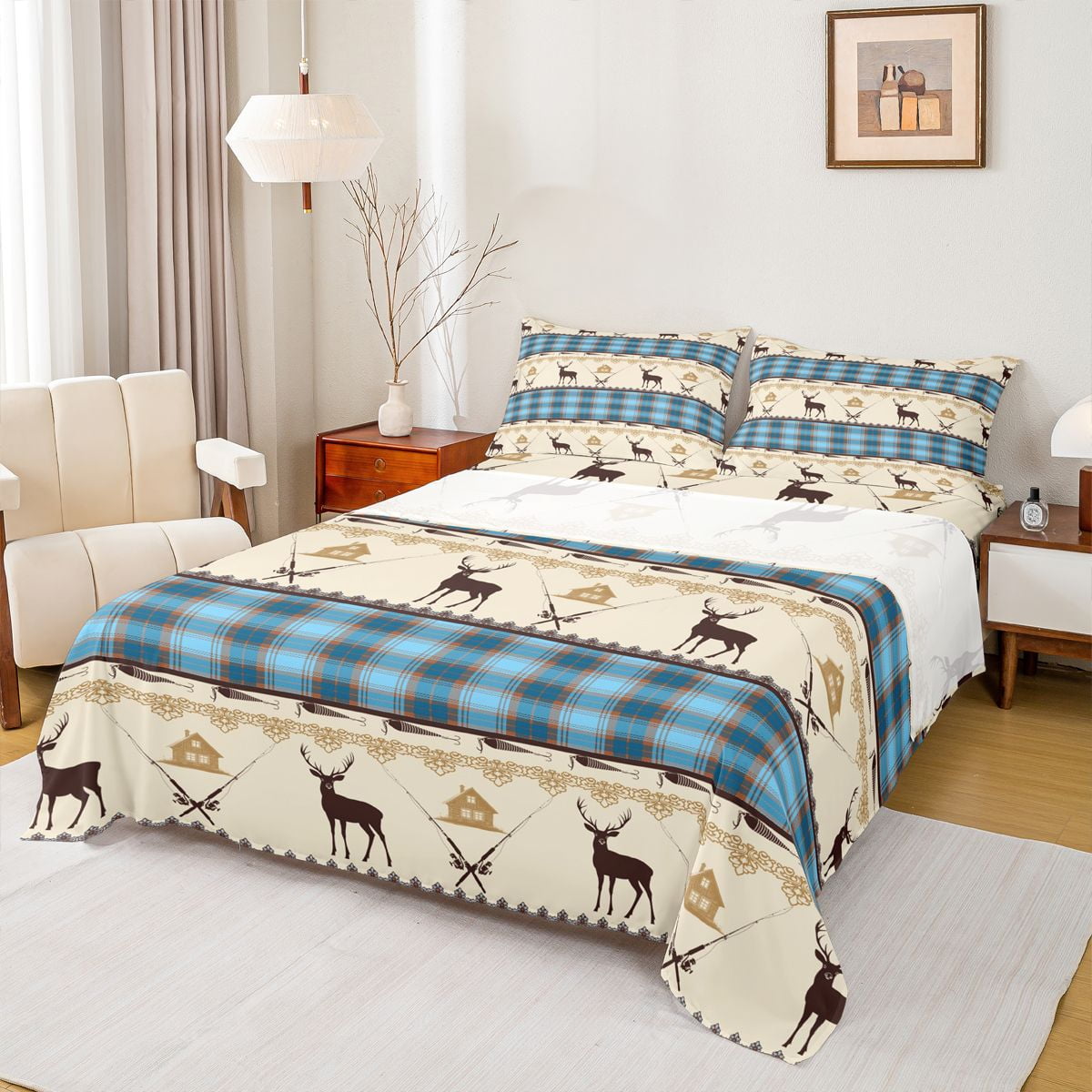 Castle Fairy Safari Deer Queen Sheet Sets for Kids Teens,Blue Plaid Bed ...