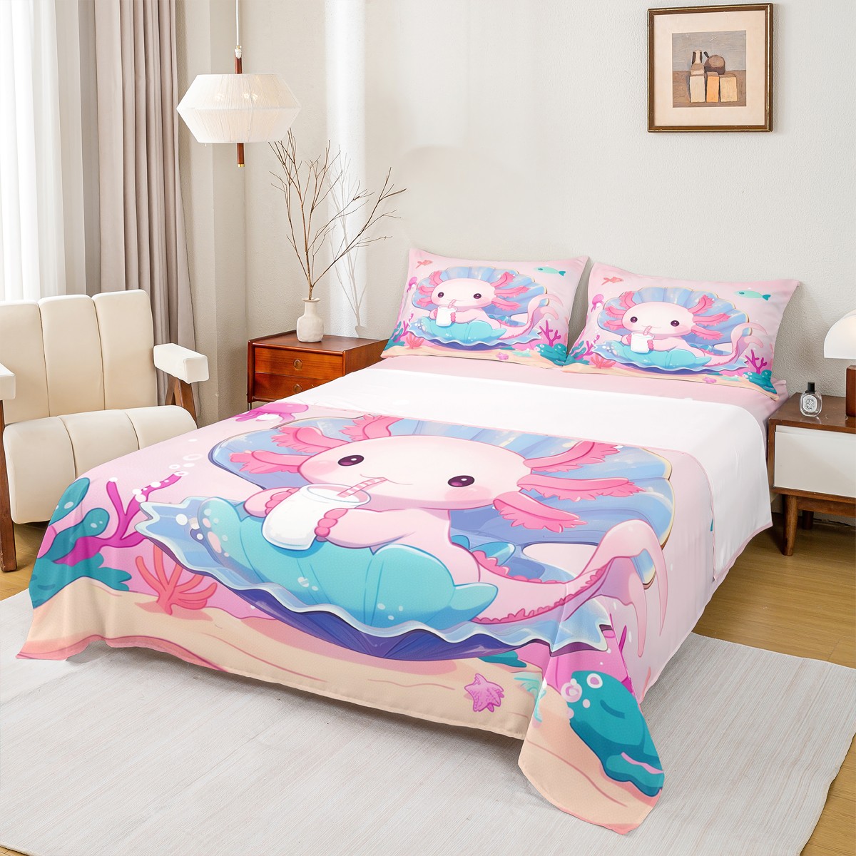 Castle Fairy Sea Animal Axolotl 3Pcs Twin Sheet Sets for Children Kids ...