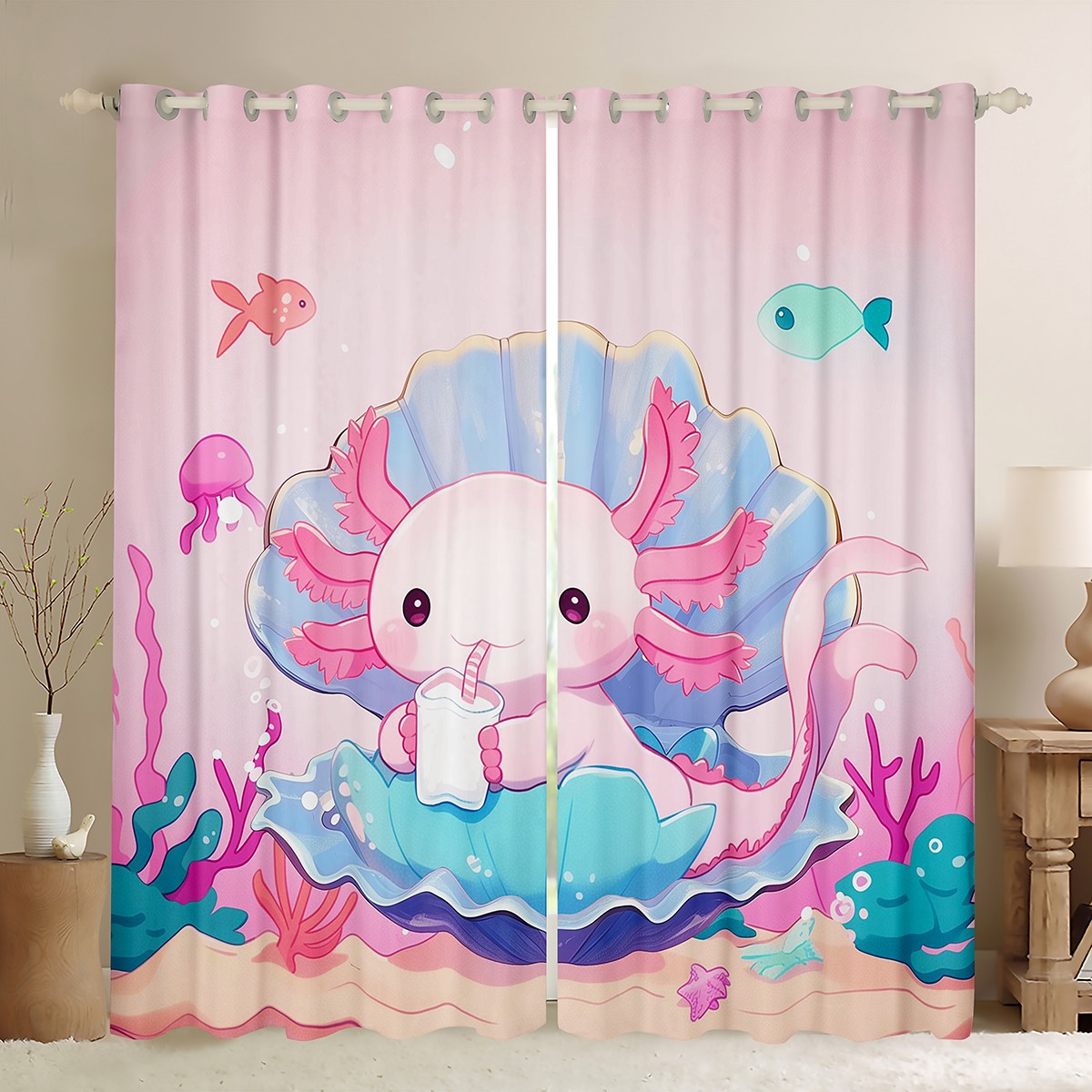 Castle Fairy Sea Animal Axolotl Curtains Pack Of 2 (42X84 Each) for ...