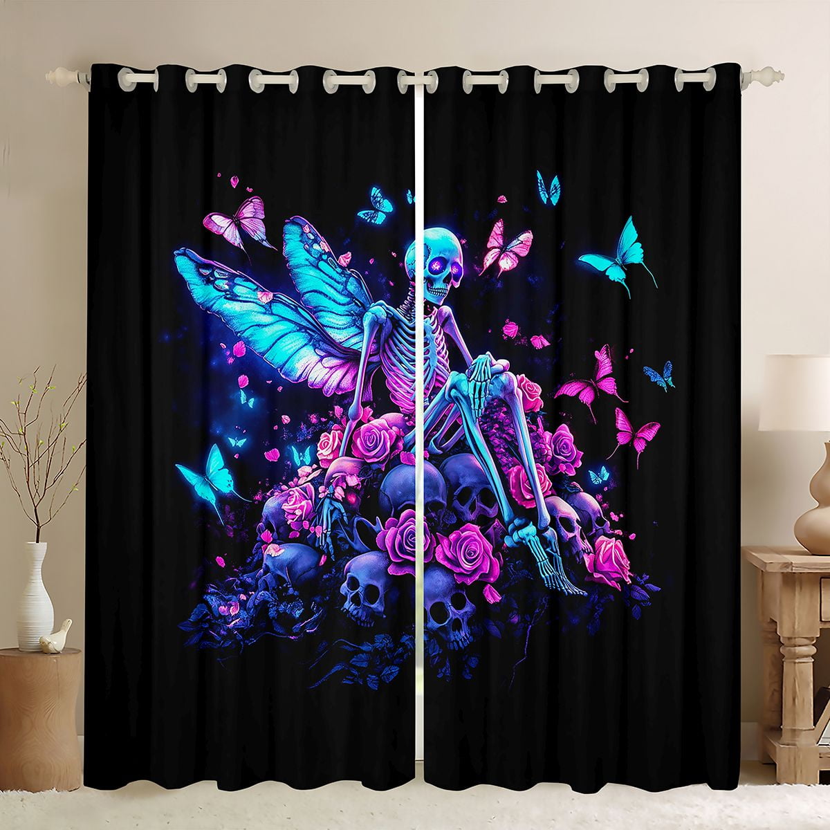 Castle Fairy Skull Skeleton Curtains Pack of 2 (42x84 Each),Butterflies ...