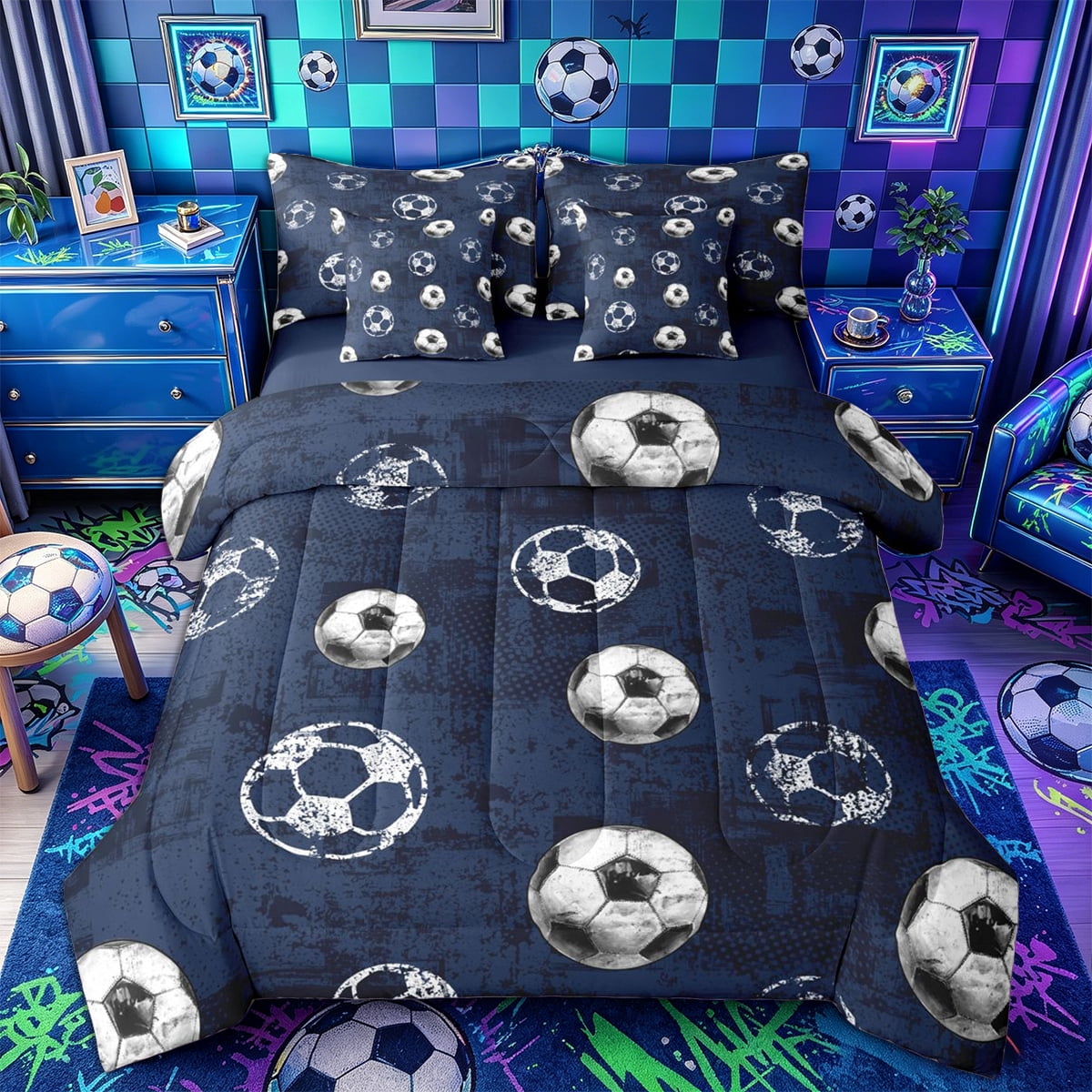 Castle Fairy Soccer Ball Print Queen Bedding 7pcs, Sport Theme Bedding ...