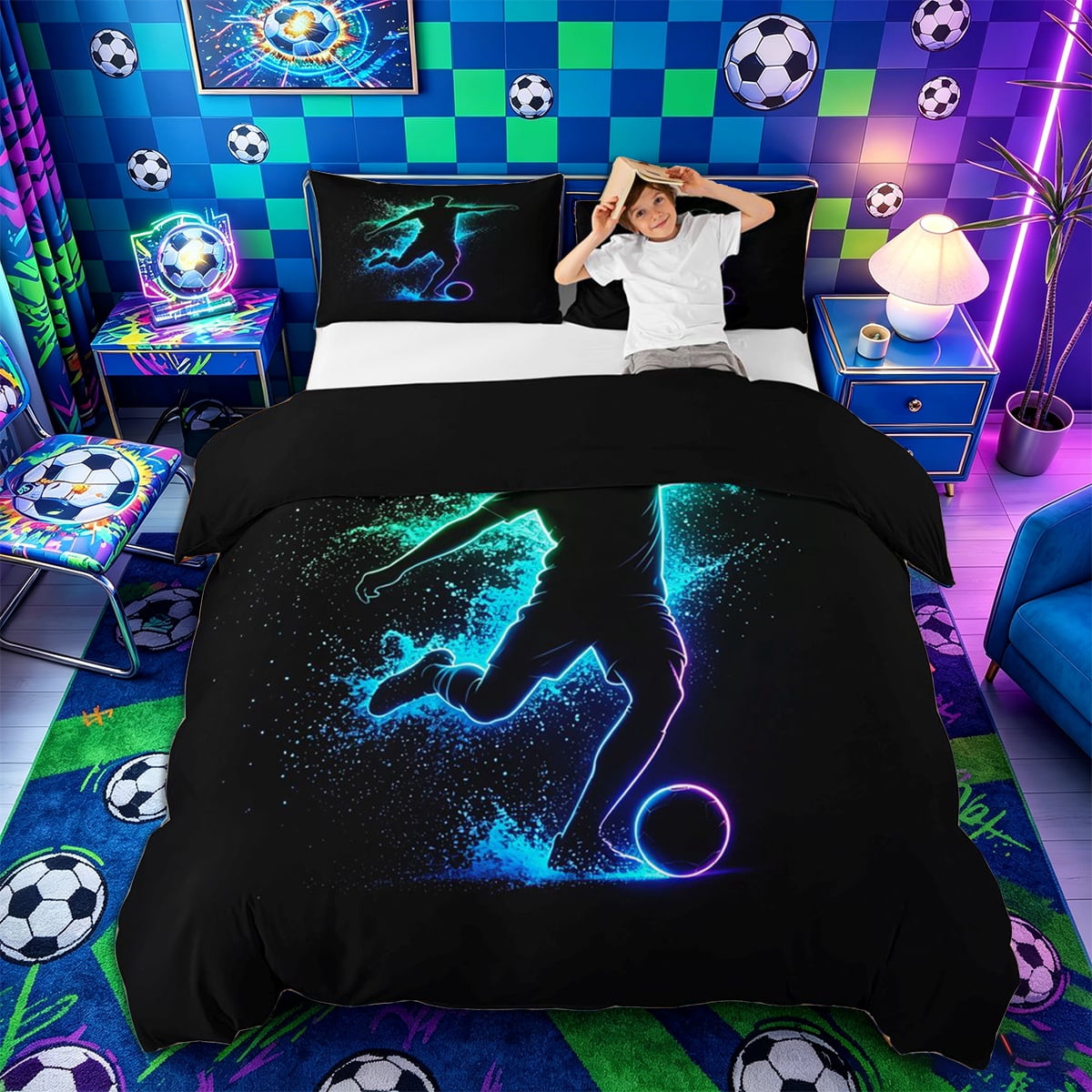 Castle Fairy Soccer Gamer Bedding, Neon Blue Green Duvet Cover Full ...