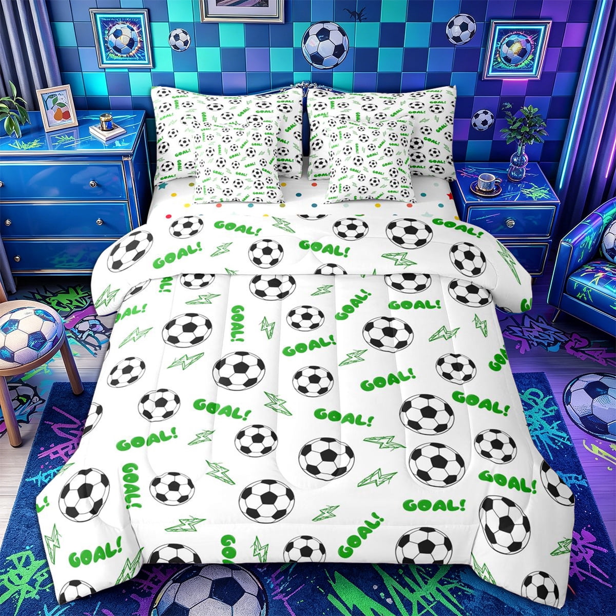 Castle Fairy Soccer Goal Sport King Bedding 7pcs, Green Lightning King ...