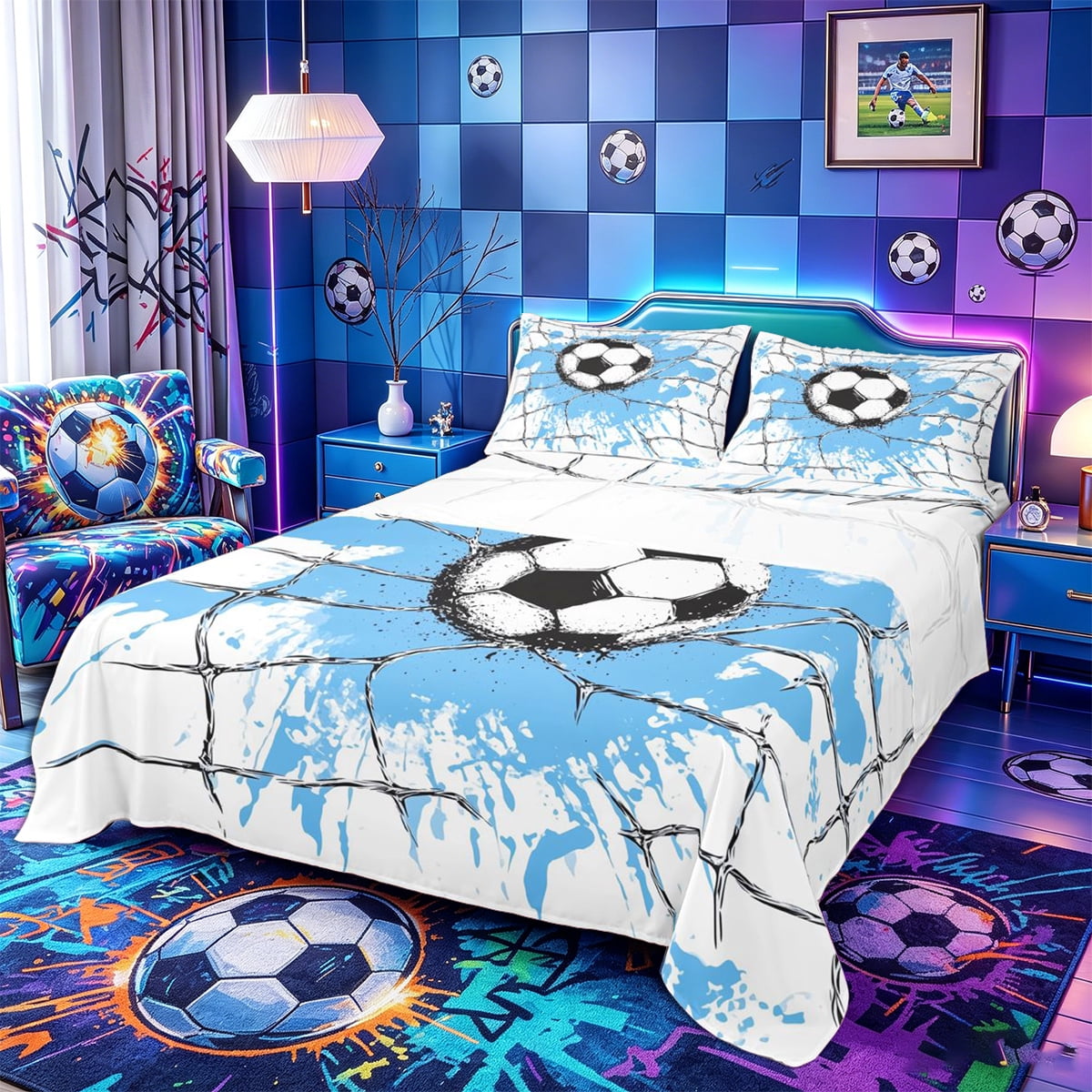 Castle Fairy Soccer Print Bed Sheets 4-Piece, Graffiti Splash Full Size ...
