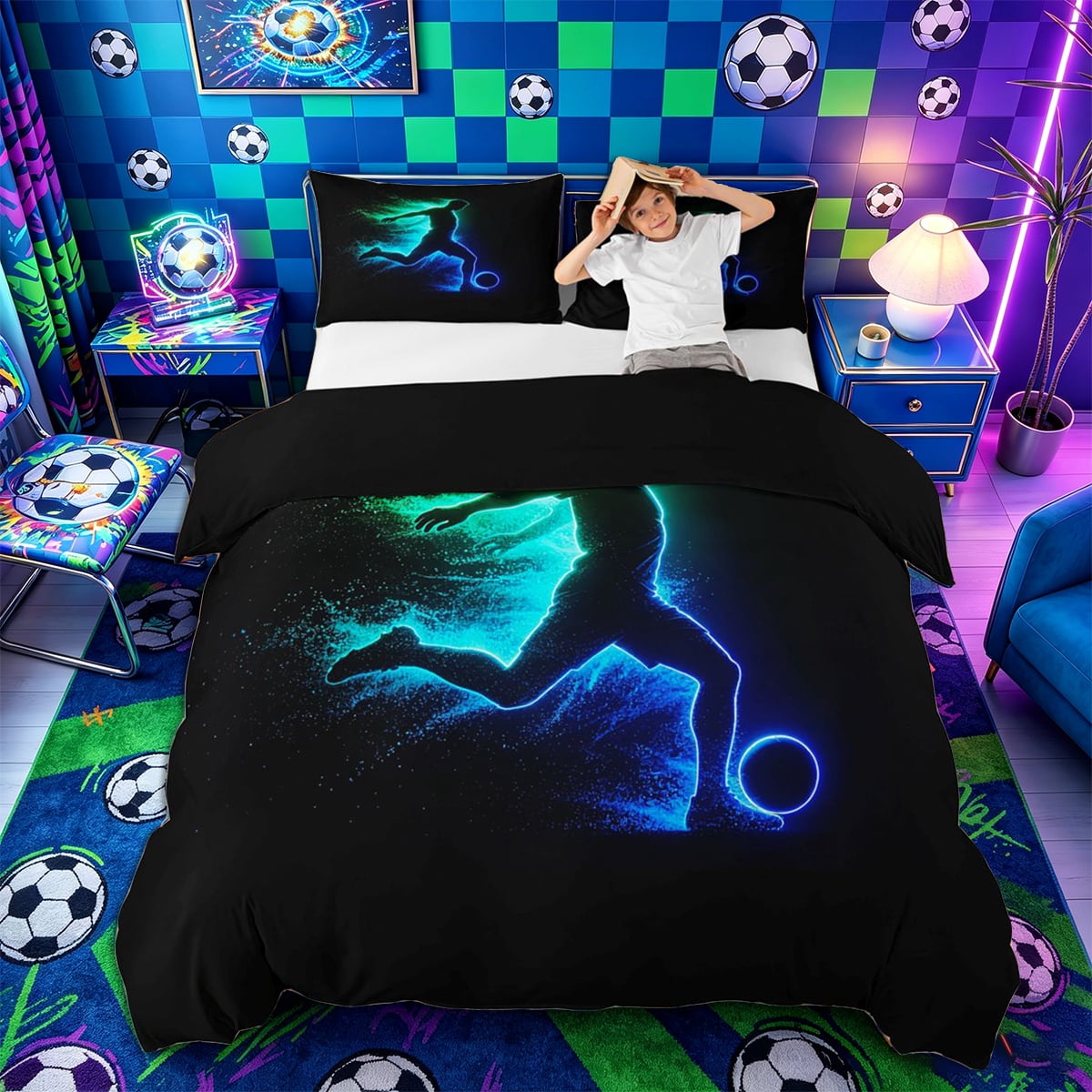Castle Fairy Soccer Print Duvet Cover King, Neon Gradient Sport Gamer ...