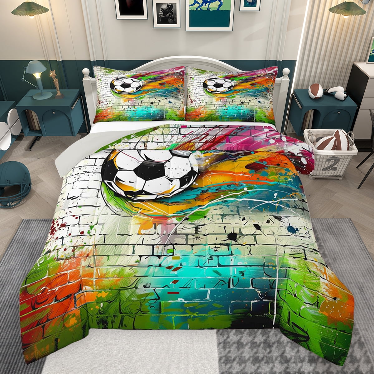 Castle Fairy Soccer Print Full Size Comforter Sets 3-Piece for Boys ...
