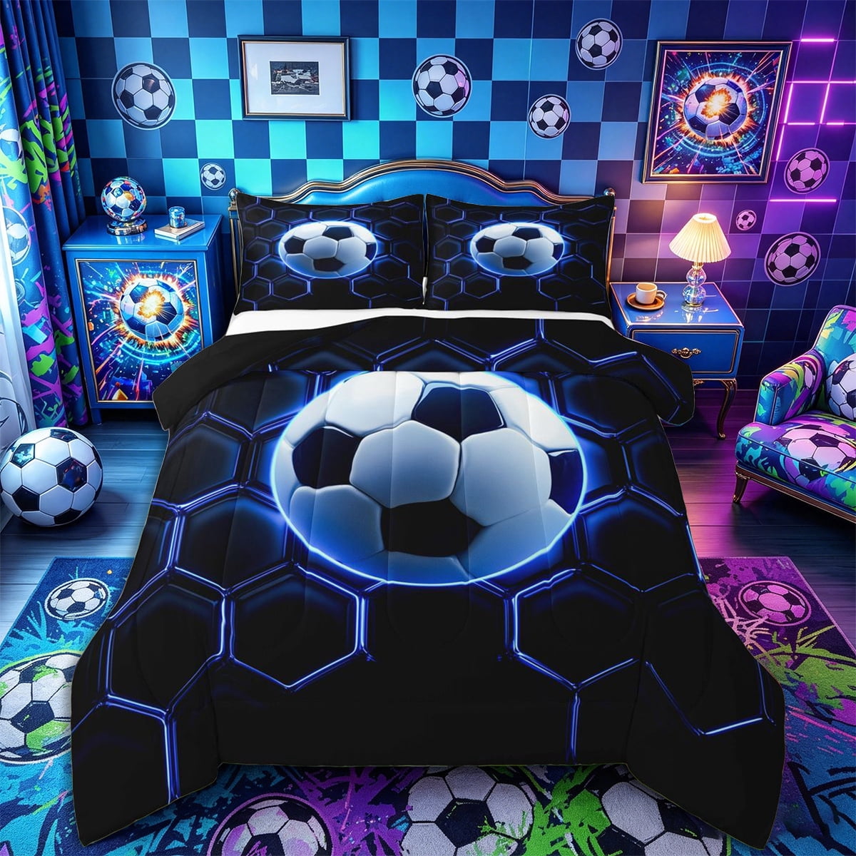 Castle Fairy Soccer Print Queen Comforter Set 3 Pieces, Neon Hexagon ...