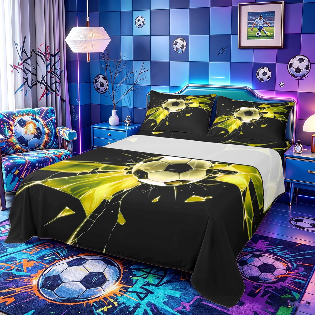 Castle Fairy Soccer Print Queen Sheets 4 Pieces, Abstract Grid Queen ...