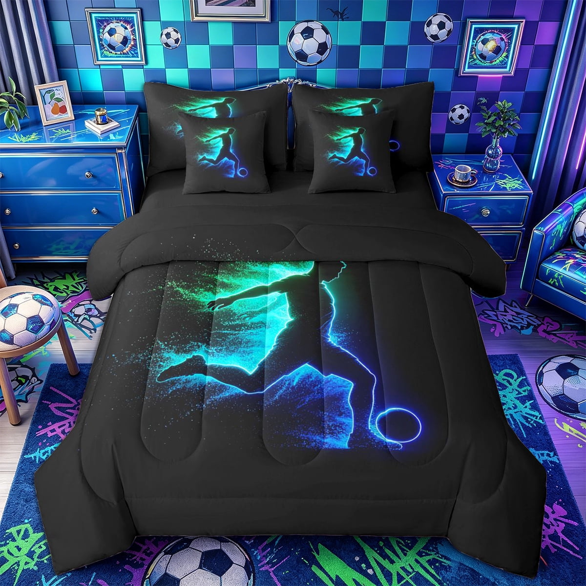 Castle Fairy Soccer Print Twin Bedding 7-Piece, Neon Gradient Sport ...