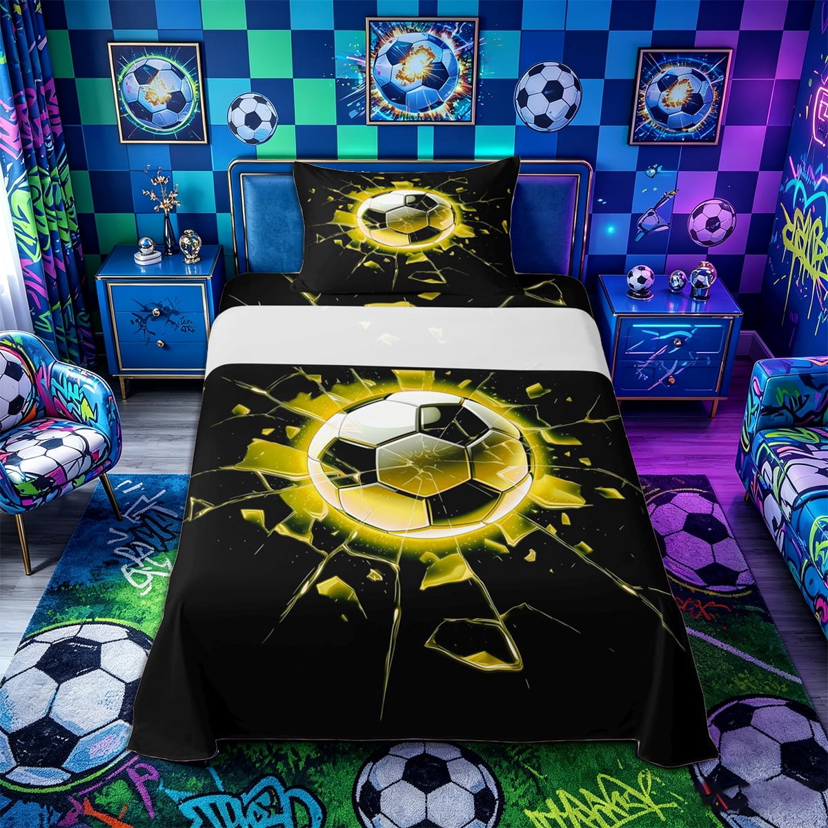 Castle Fairy Soccer Print Twin Sheets 3pcs, Abstract Grid Bedding ...