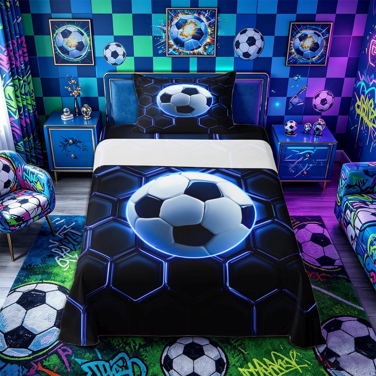 Castle Fairy Soccer Print Twin Sheets 3pcs, Neon Hexagon Bedding, Black ...