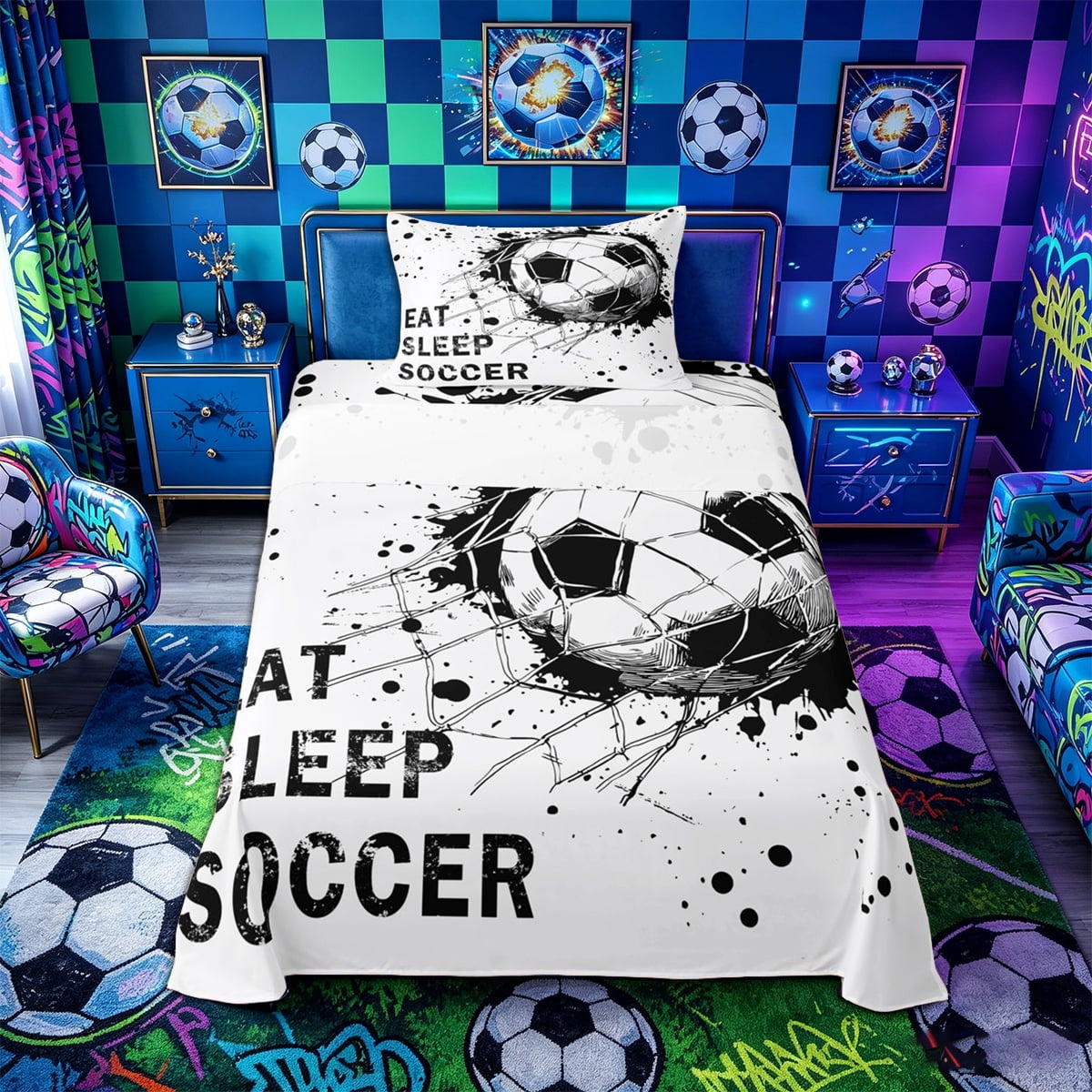 Castle Fairy Soccer Print Twin Sheets 3pcs, Sport Theme Splash Bedding ...