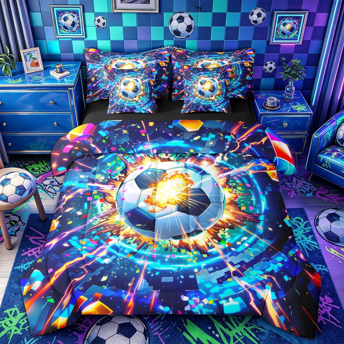 Castle Fairy Soccer Sport Queen Bedding 7pcs, Futuristic Cubes Bedding ...