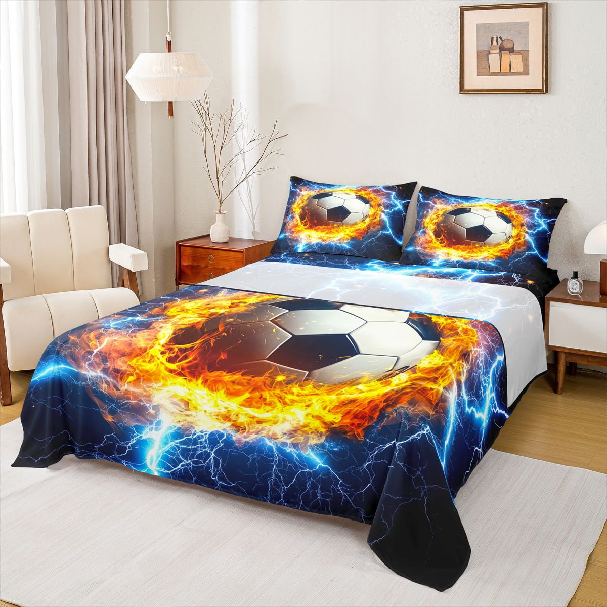 Castle Fairy Soccer Sport Queen Sheet Sets for Female Men,Flame ...