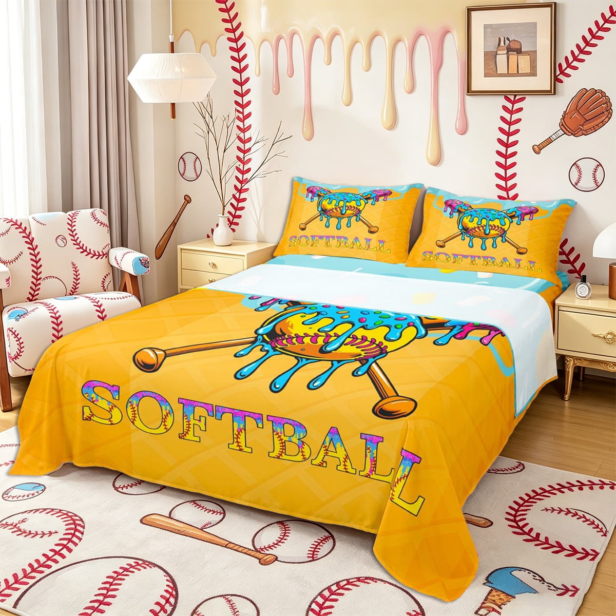 Castle Fairy Softball Print King Sheets 4pcs, Ice Cream Candy Drip ...