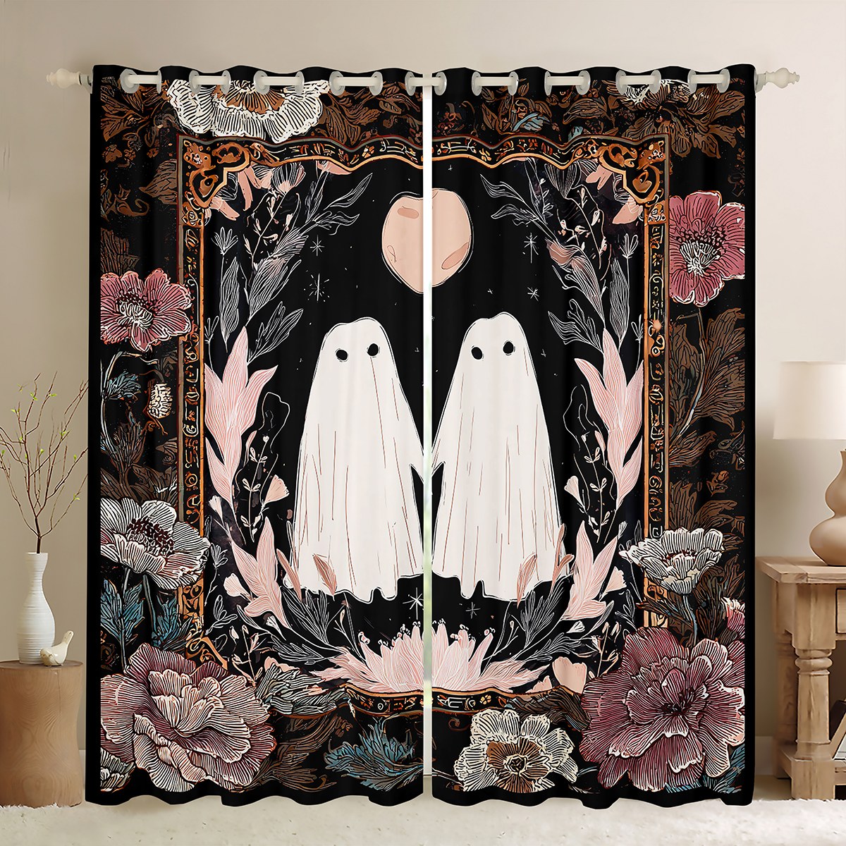 Castle Fairy Spooky Ghost Black Out Curtains,Chic Flower Curtains Pack ...