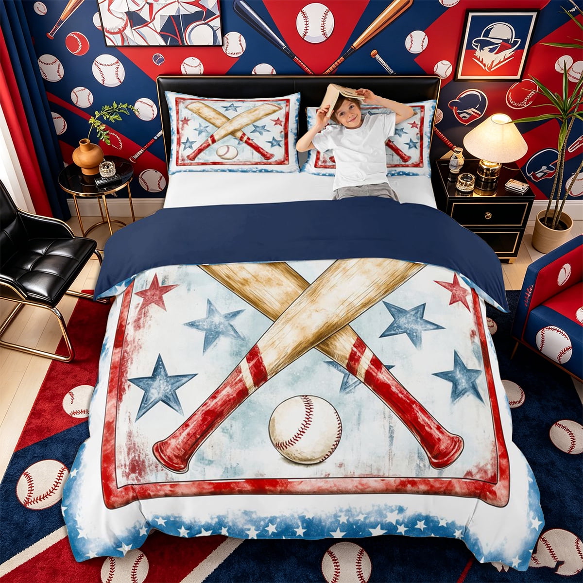 Castle Fairy Sport Baseball Bat Duvet Cover Queen, Vintage Stars Print ...
