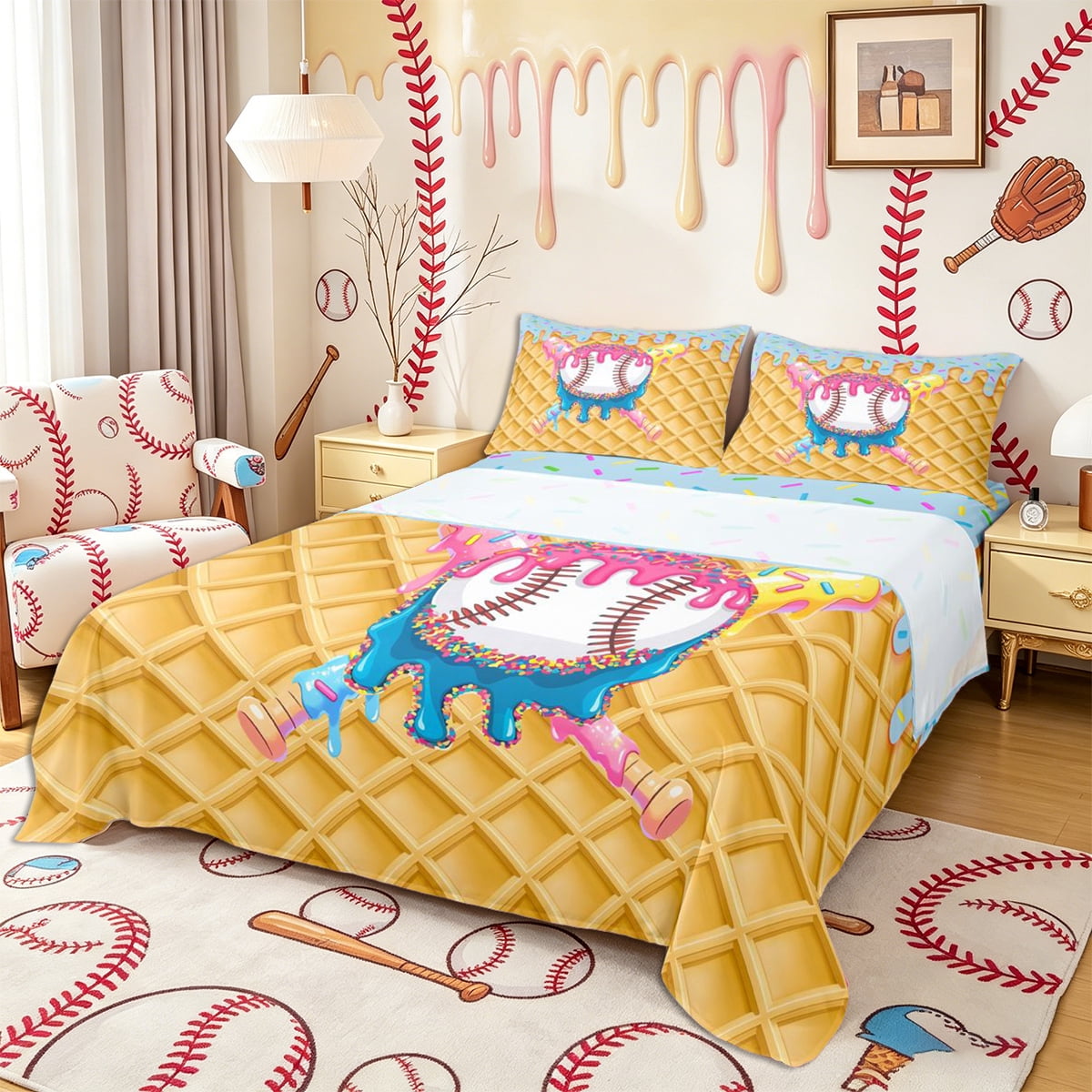 Castle Fairy Sport Baseball Bat Print Bed Sheets 4-Piece, Ice Cream ...