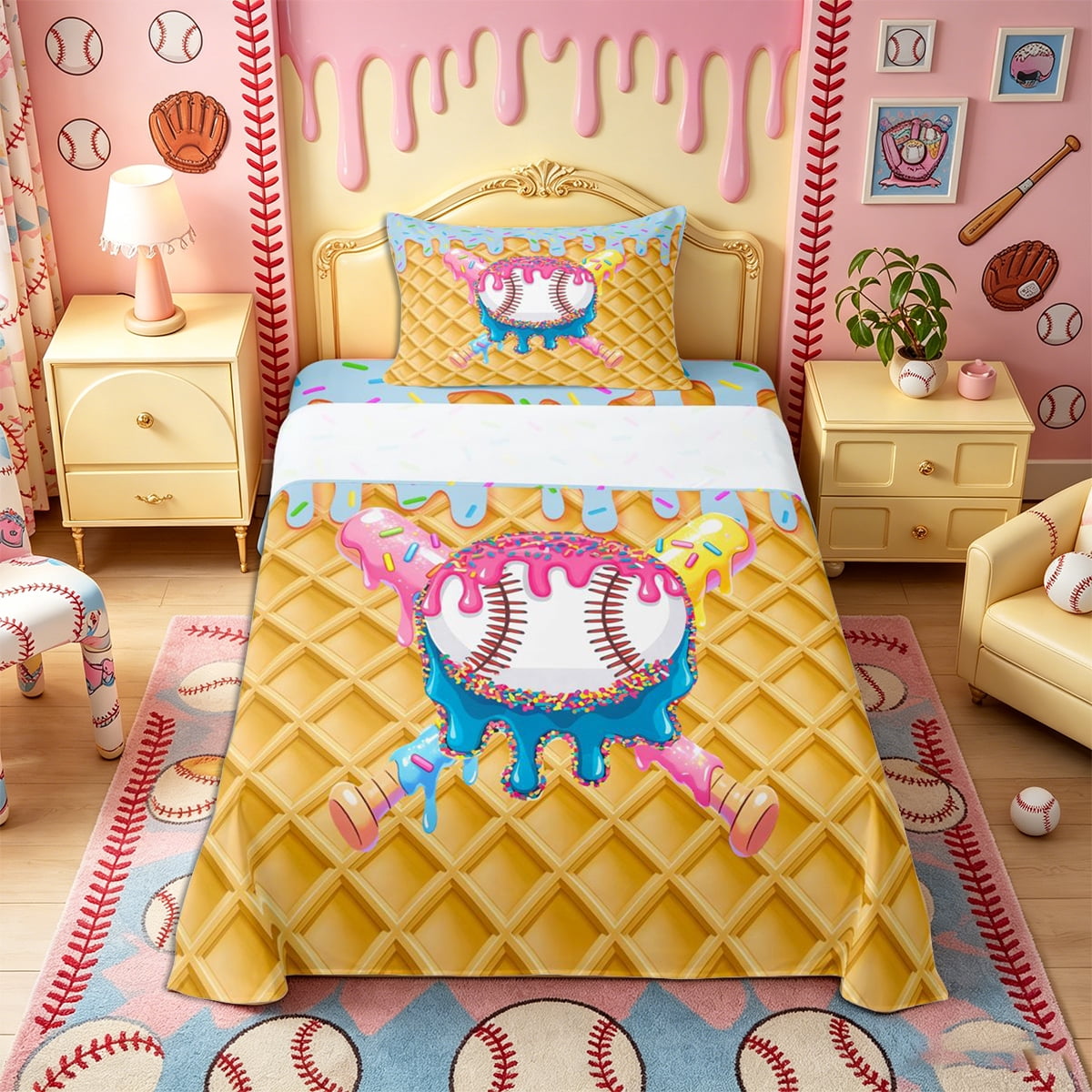 Castle Fairy Sport Baseball Bat Print Twin Sheets 3pcs, Ice Cream Drip ...