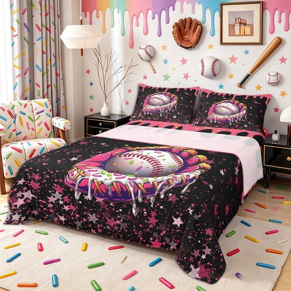 Castle Fairy Sport Baseball Bed Sheets 4-Piece, Candy Glove Pattern ...