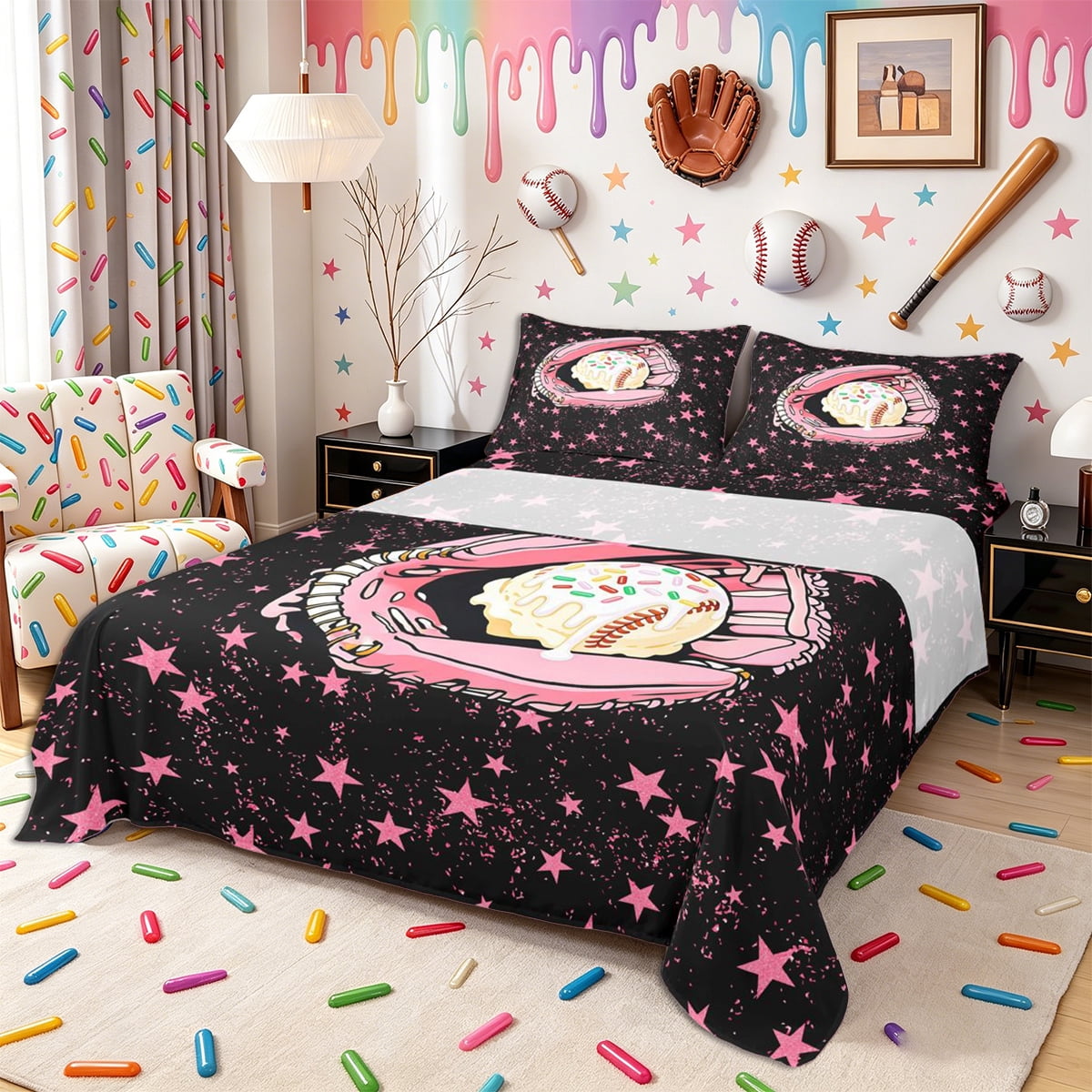 Castle Fairy Sport Baseball Glove Print Bed Sheets 4-Piece, Starry Sky ...