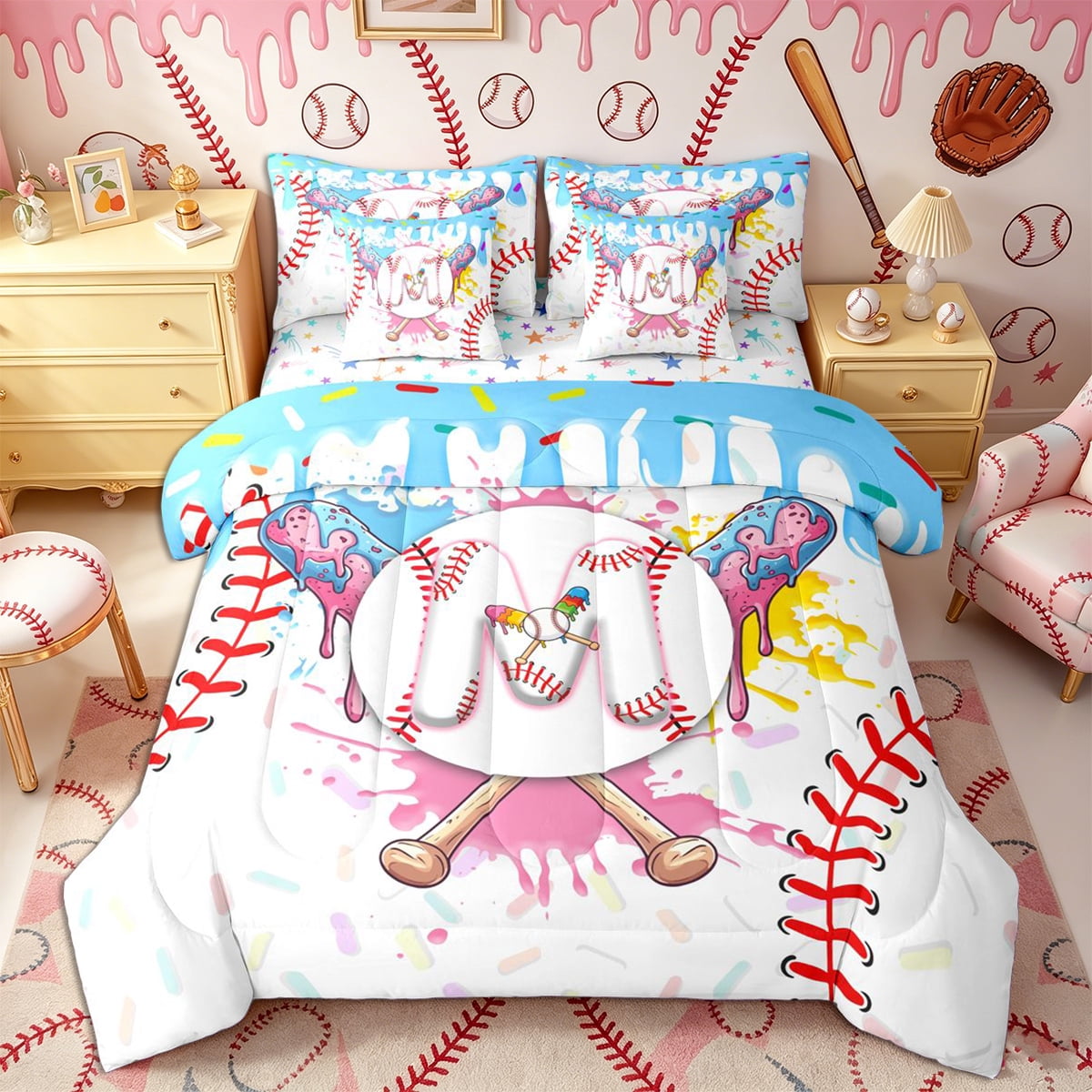 Castle Fairy Sport Baseball Initial M Full Size Bedding Sets 7 Pieces ...