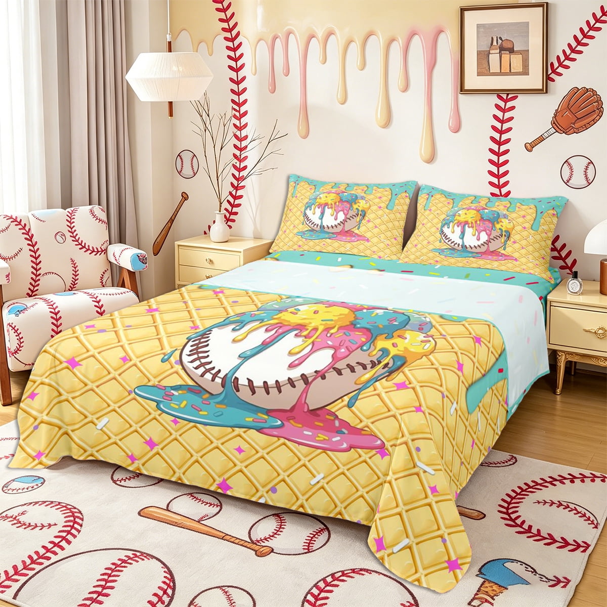 Castle Fairy Sport Baseball King Sheets 4pcs, Ice Cream Drip Bedding ...