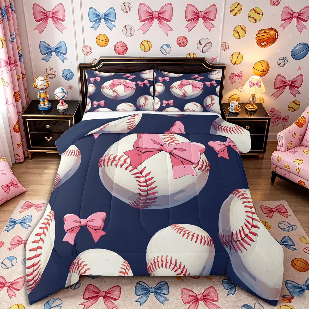 Castle Fairy Sport Baseball King Size Comforter Sets 3pcs, Kawaii Bow ...