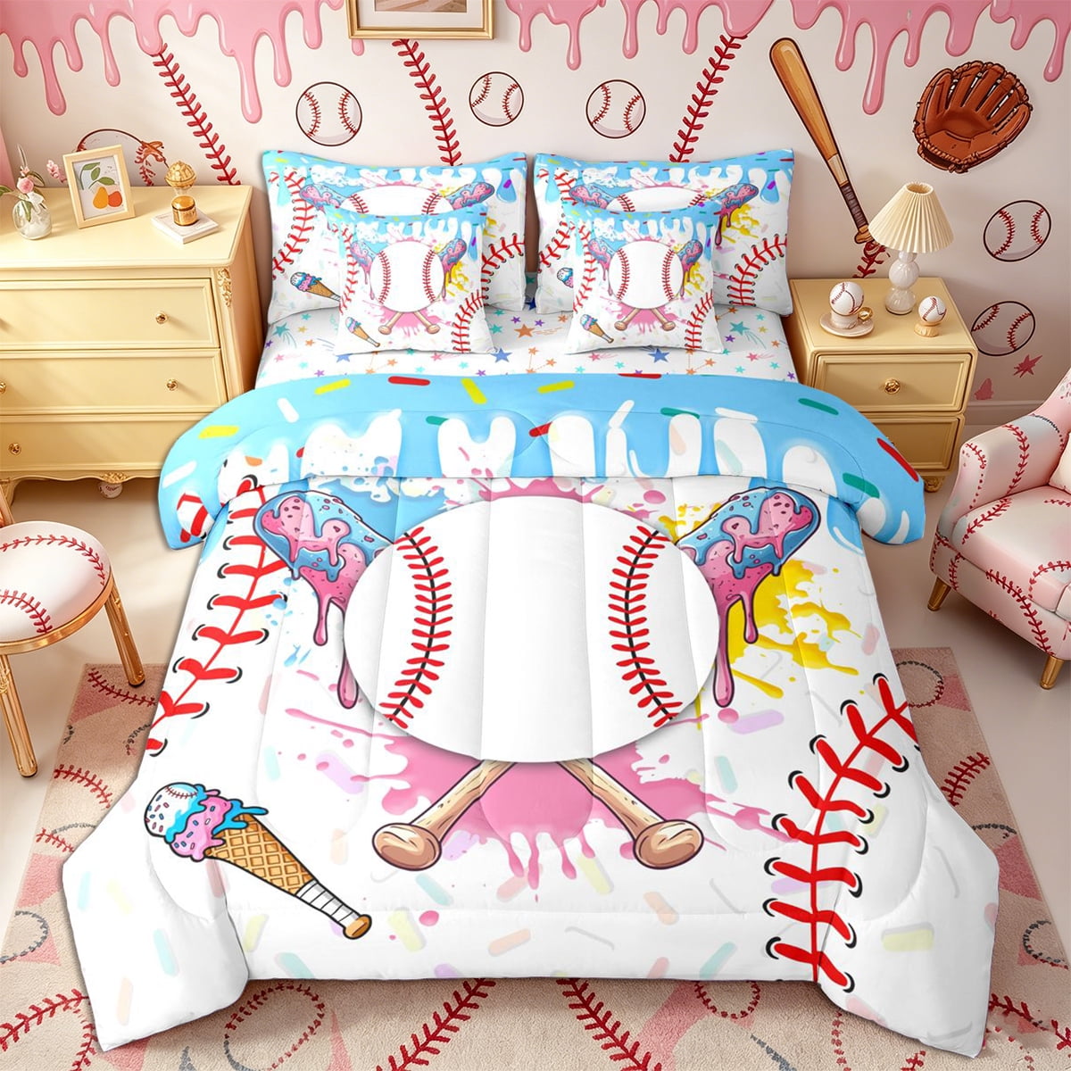 Castle Fairy Sport Baseball Print Full Size Bedding Sets 7 Pieces, Blue ...