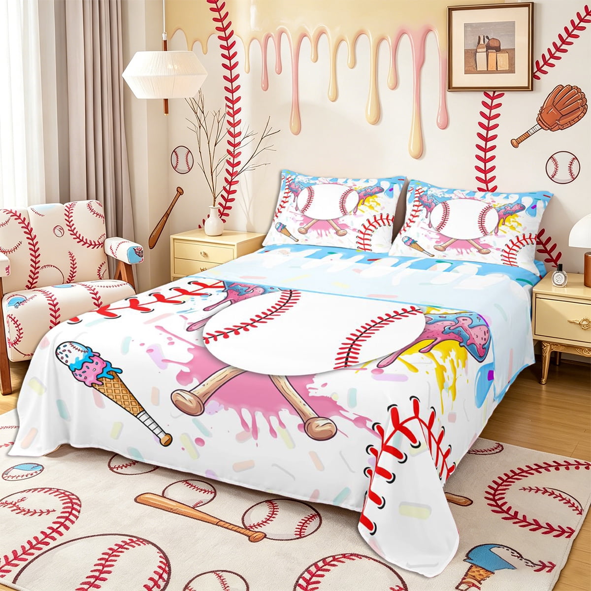 Castle Fairy Sport Baseball Print King Sheets 4pcs, Blue Ice Cream Drip ...