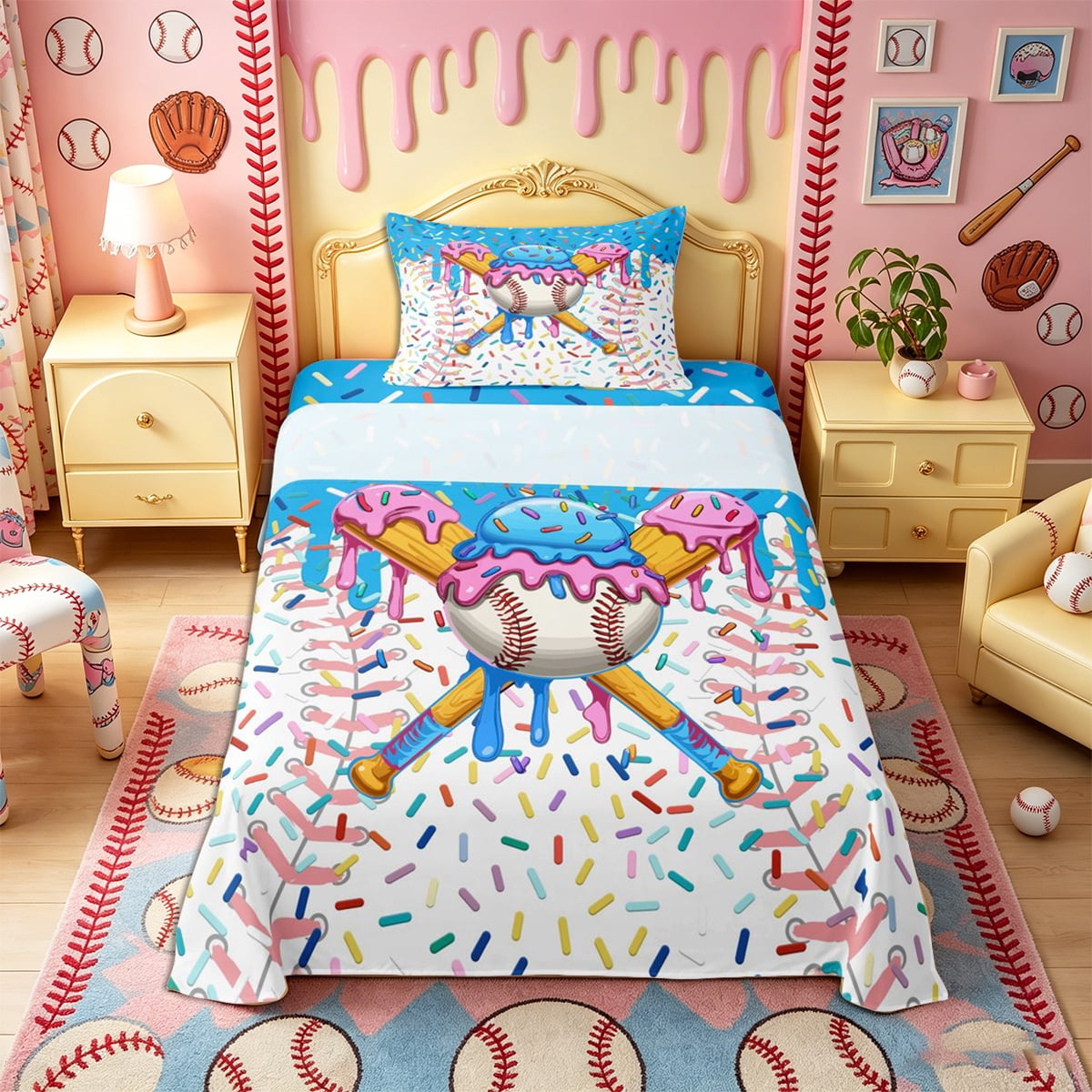 Castle Fairy Sport Baseball Print Twin Sheets 3pcs, Pink Ice Cream Drip ...