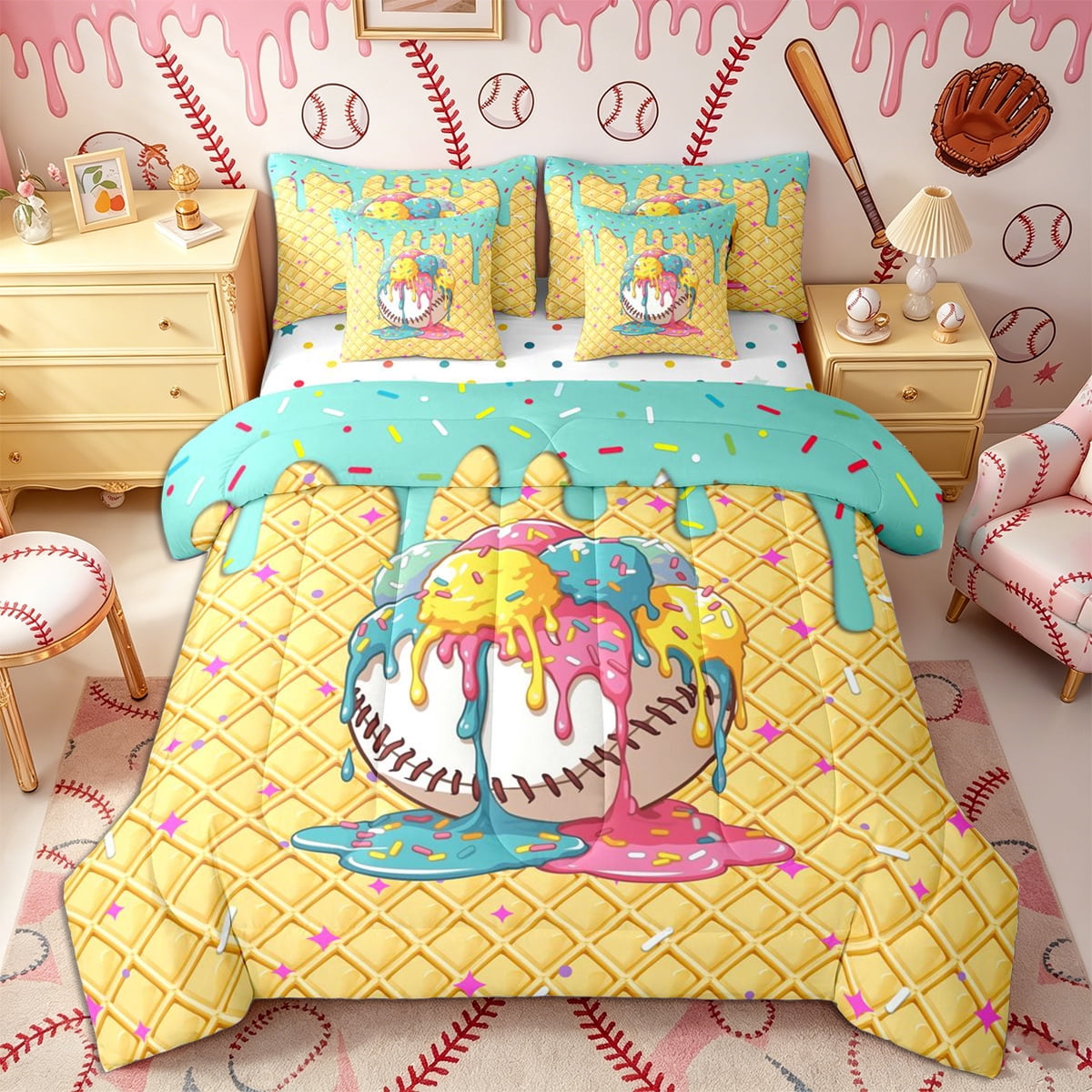 Castle Fairy Sport Baseball Queen Bedding 7pcs, Ice Cream Drip Bedding ...