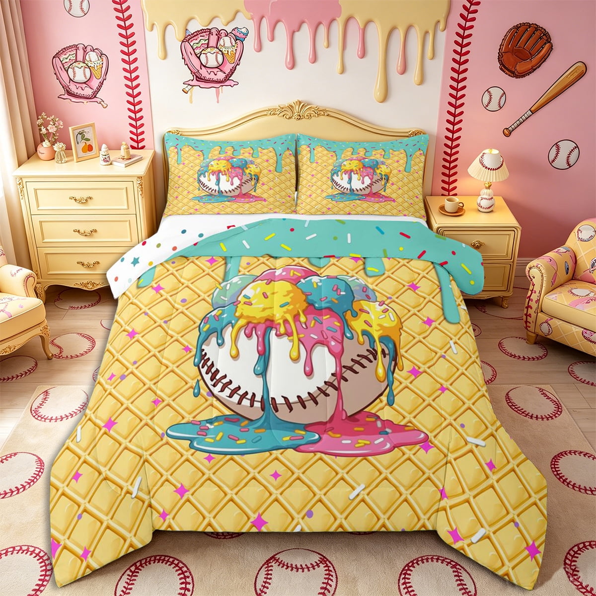 Castle Fairy Sport Baseball Queen Comforter Set 3 Pieces, Ice Cream ...