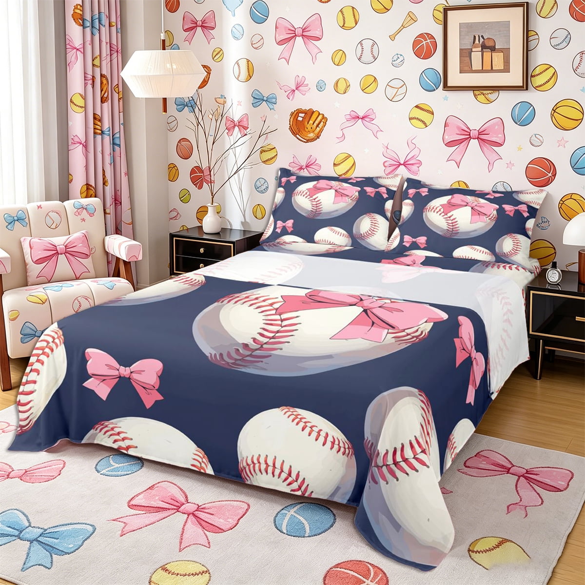 Castle Fairy Sport Baseball Queen Sheets 4 Pieces, Kawaii Bow Queen ...
