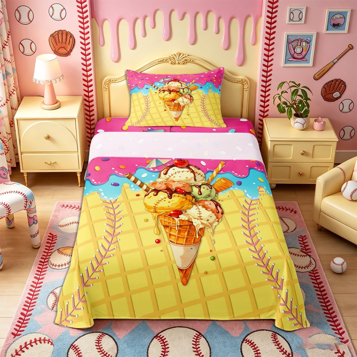 Castle Fairy Sport Baseball Twin Sheets 3pcs, Ice Cream Sundae Pattern ...