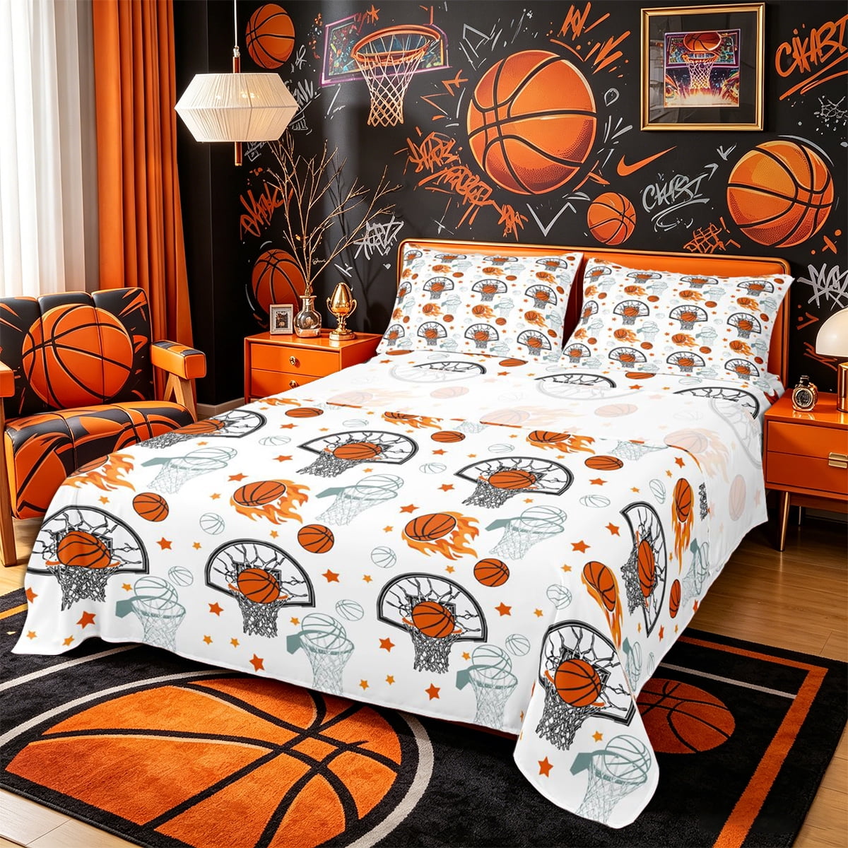 Castle Fairy Sport Basketball Bed Sheets 4-Piece, Stars Print Full Size ...