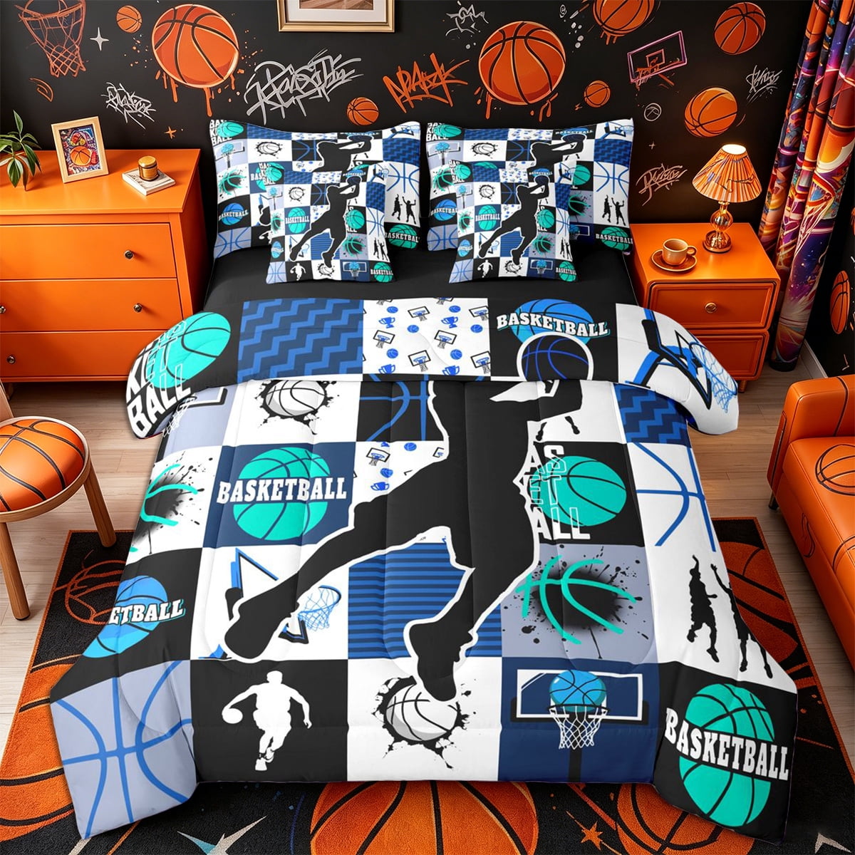 Castle Fairy Sport Basketball Gamer Queen Bedding 7pcs, Geometric Grid ...